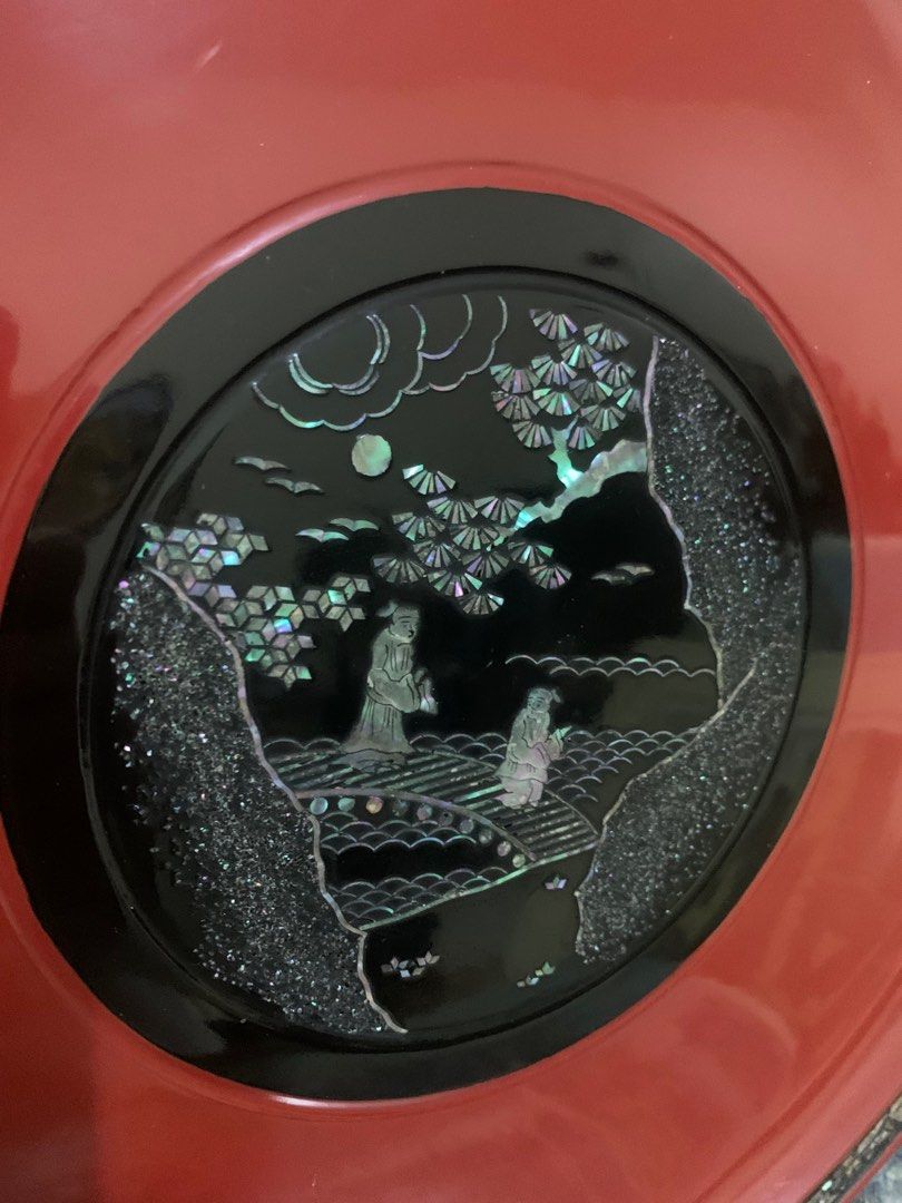 Antique Japanese Red Lacquer & Mother of Pearl Inlaid lacquerware Plate ...