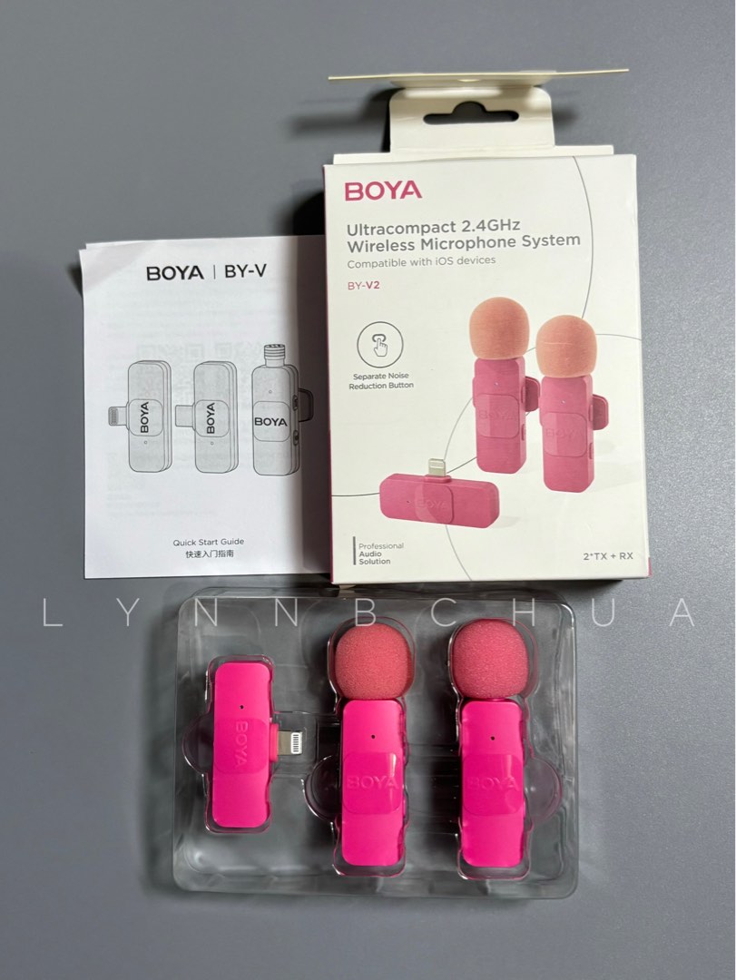 BOYA V2-PINK Wireless Lavalier Microphone (2pcs Mic-Lightning), Audio, Microphones on Carousell