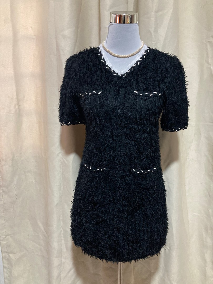 Elegant Fuzzy Dress with Tweed Design, Women's Fashion, Dresses & Sets ...