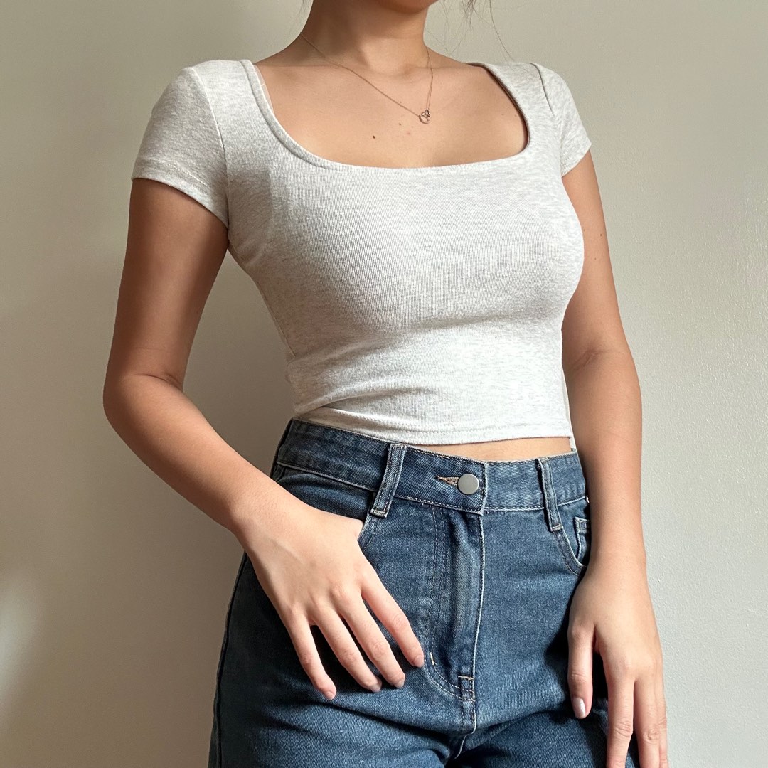 Light Grey Square Neck Crop Top, Women's Fashion, Tops, Shirts on Carousell