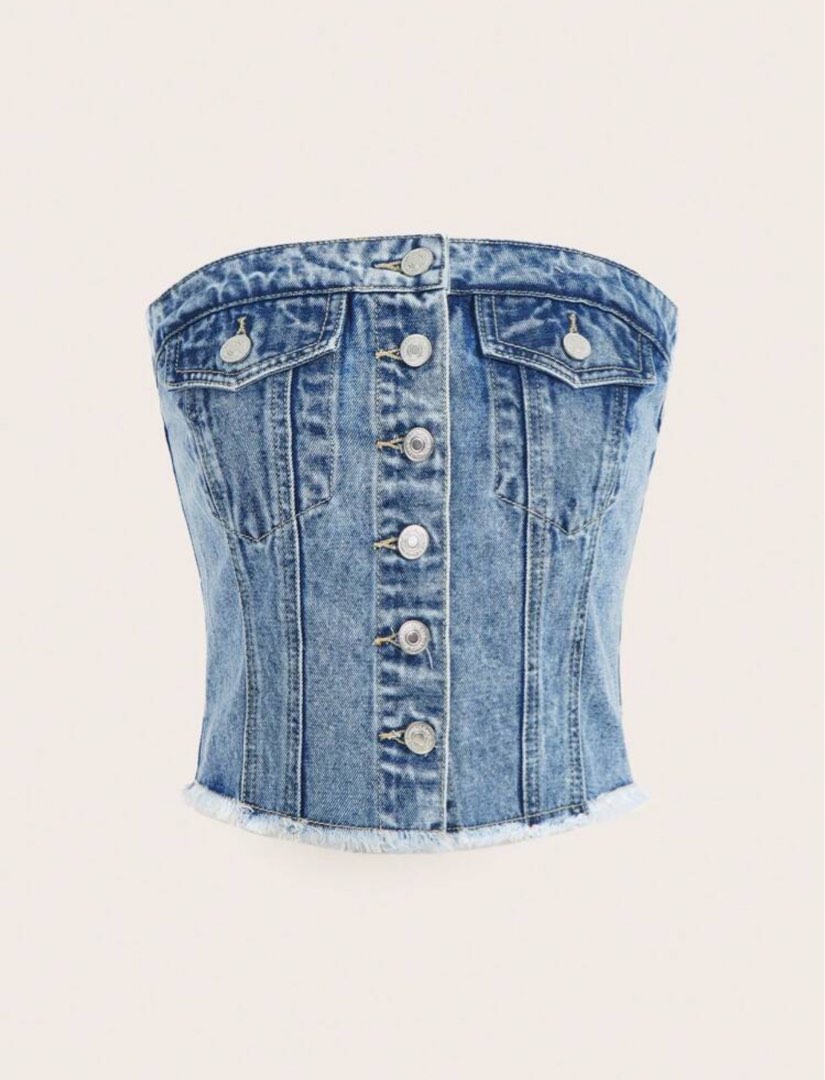 SHEIN MOD Flap Pocket Button Front Denim Tube Top, Women's Fashion ...