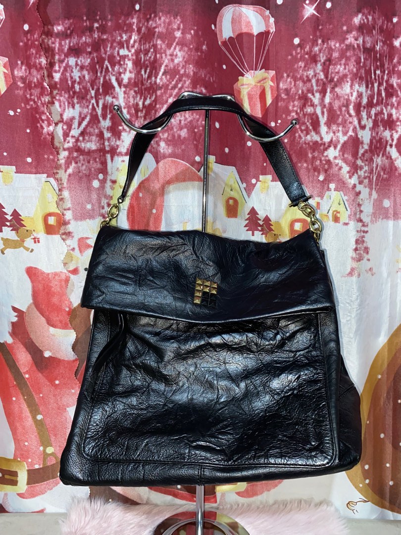 MANAS black leather shoulder bag, Women's Fashion, Bags & Wallets ...