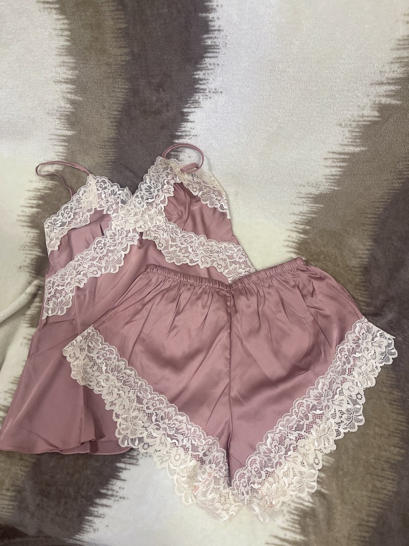 Peach colour Lace pyjamas lingerie silk, Women's Fashion, New ...