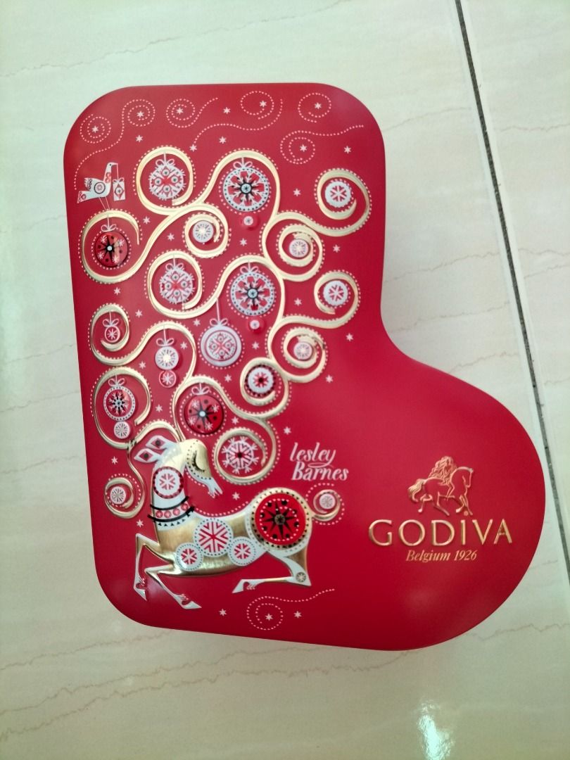Godiva Christmas Empty Tin ( used once) and brand new Red wine knit Sleeve, Furniture & Home ...