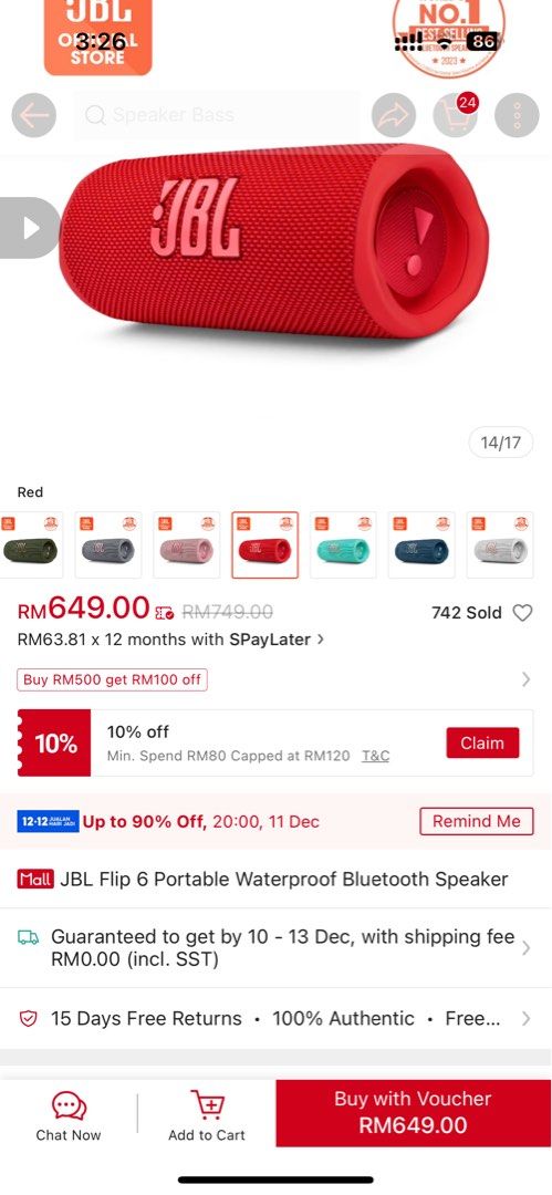 JBL Flip 6 Portable Waterproof Bluetooth Speaker - RED COLOUR, Audio ...