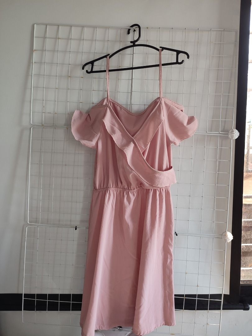 Light Pink Off-Shoulder Mini Dress Spaghetti Strap Garterized Pretty ...