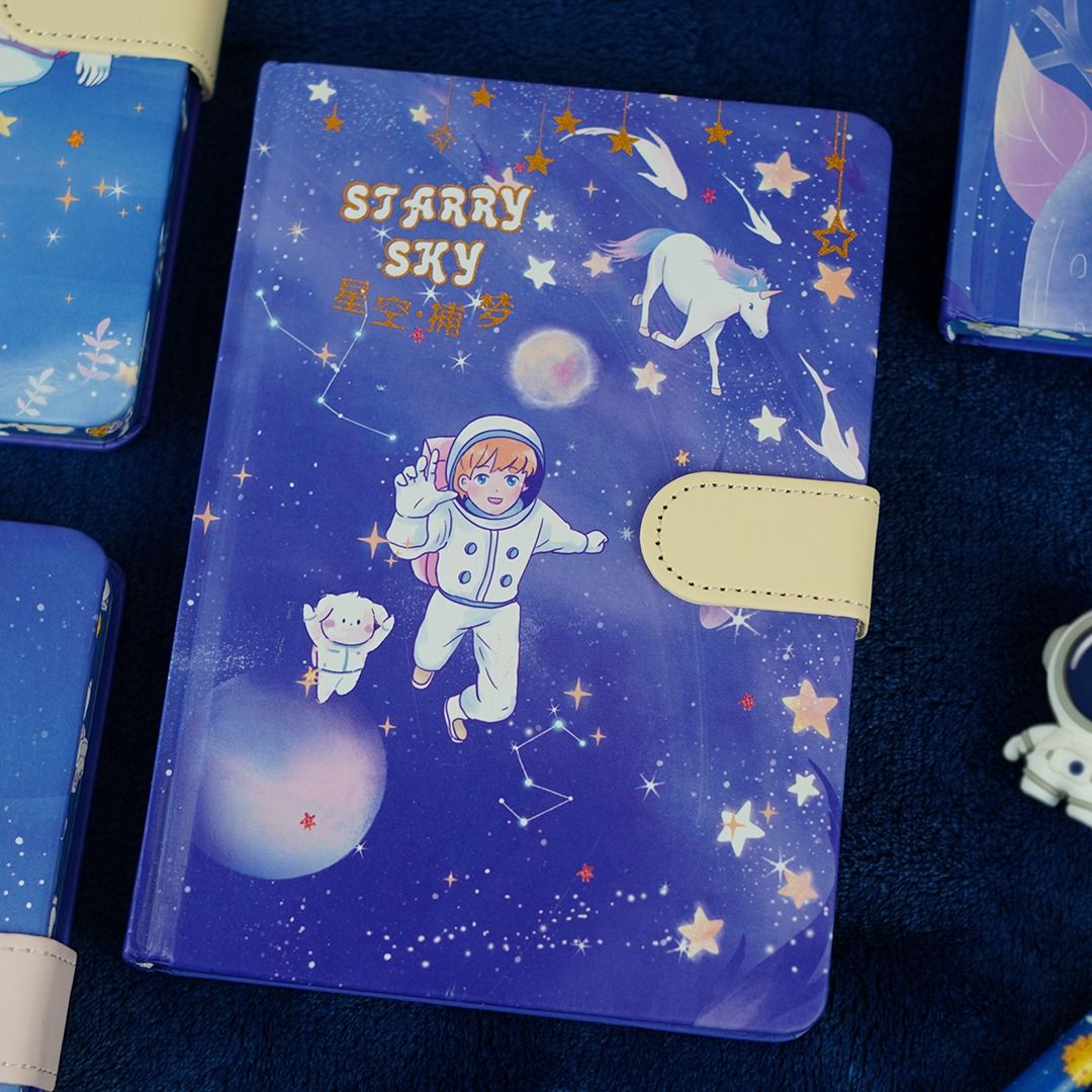 Design D Starry Sky Astronaut Magnetic Hard Cover Korean Journal Diary ...