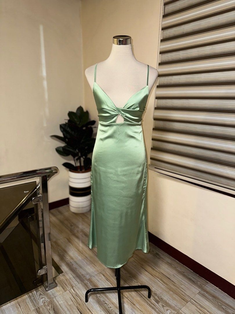 S-XL Cutesy Chest Cut Out Pistachio Green Silk Satin Dress Sage Green ...