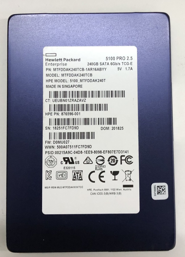 HPE Micron 5100 PRO 240GB 6G 2.5" SATA Solid State Drive 876596-001, 電腦 ...
