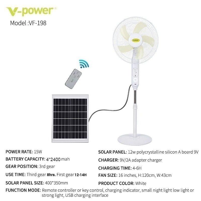V-power VF-198 Solar fan with panel Electric Fan Rechargeable fan Built ...
