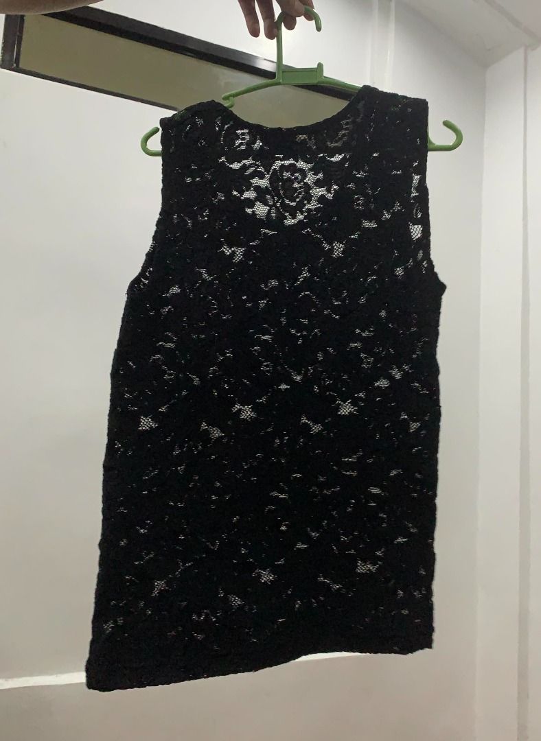 THRIFTED Black Lace Tank Top, Women's Fashion, Tops, Sleeveless on ...
