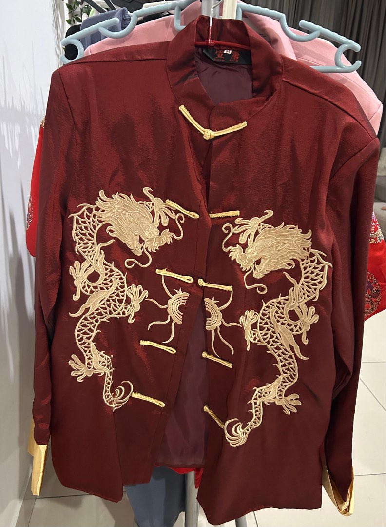 Maroon red dragon oriental wear / samfu, Men's Fashion, Tops & Sets ...