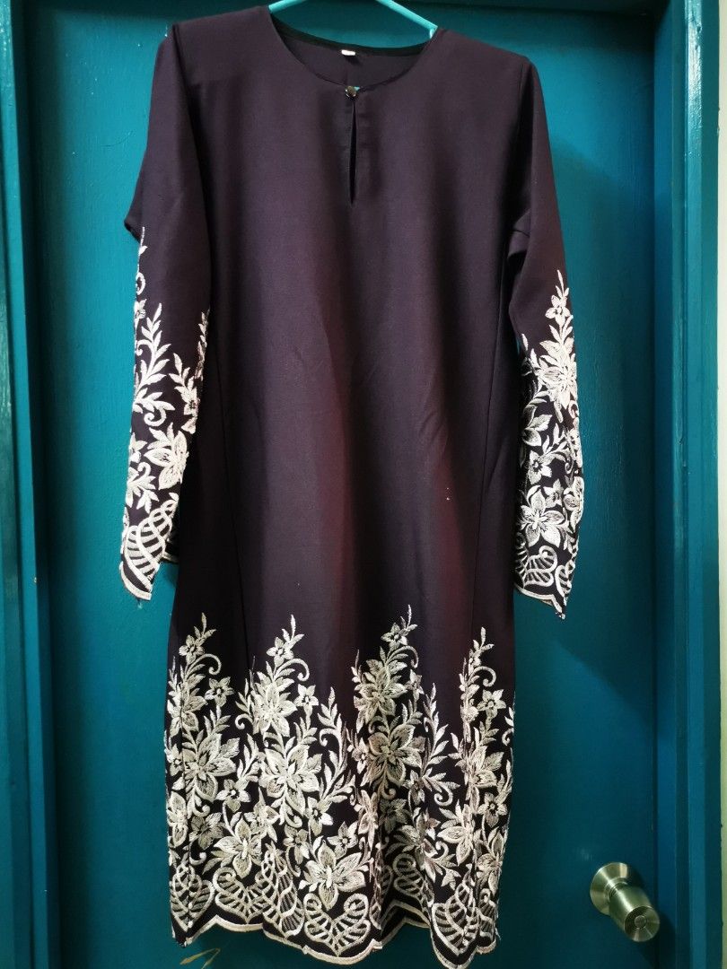Baju raya Kurung johor, kain dark purple embroidery lace high quality ...