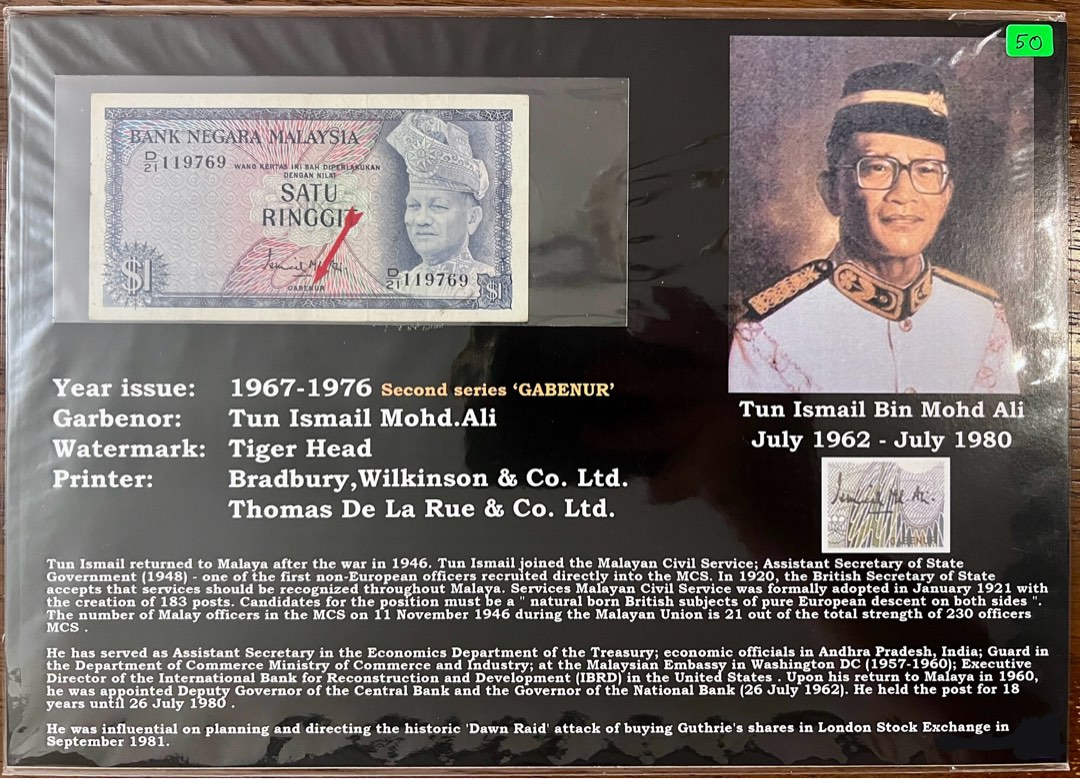 Series 2 RM 1 Tun Ismail Bin Mohd Ali, Hobbies & Toys, Collectibles ...