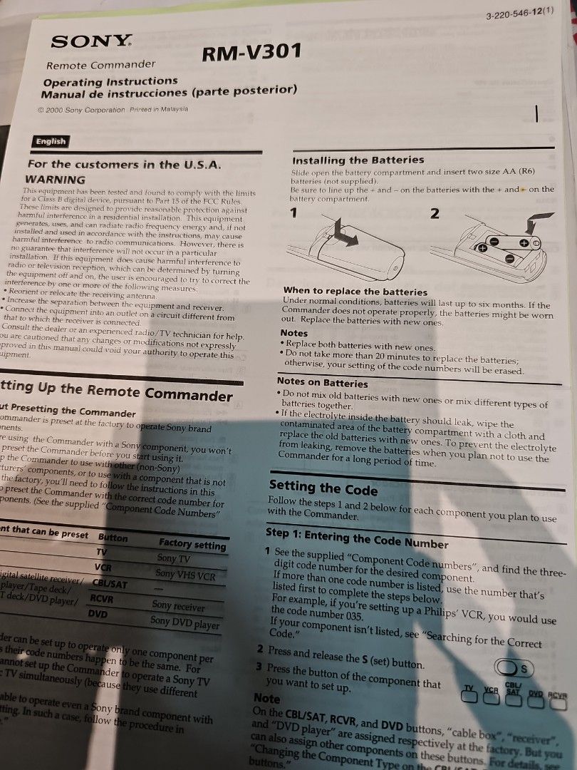 Sony universal remote RM-V301 with code instructions, TV & Home ...