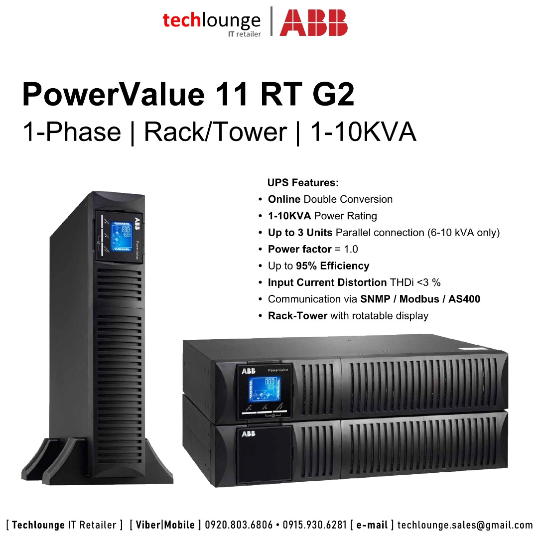 ABB POWERVALUE 11 RT G2-1-Phase, Double-Conversion Online, Rack/Tower, 1-10KVA UPS, Computers ...