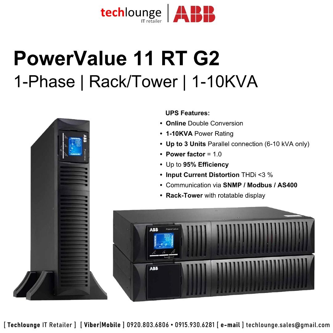 ABB POWERVALUE 11 RT G2-1-Phase, Double-Conversion Online, Rack/Tower, 1-10KVA UPS, Computers ...