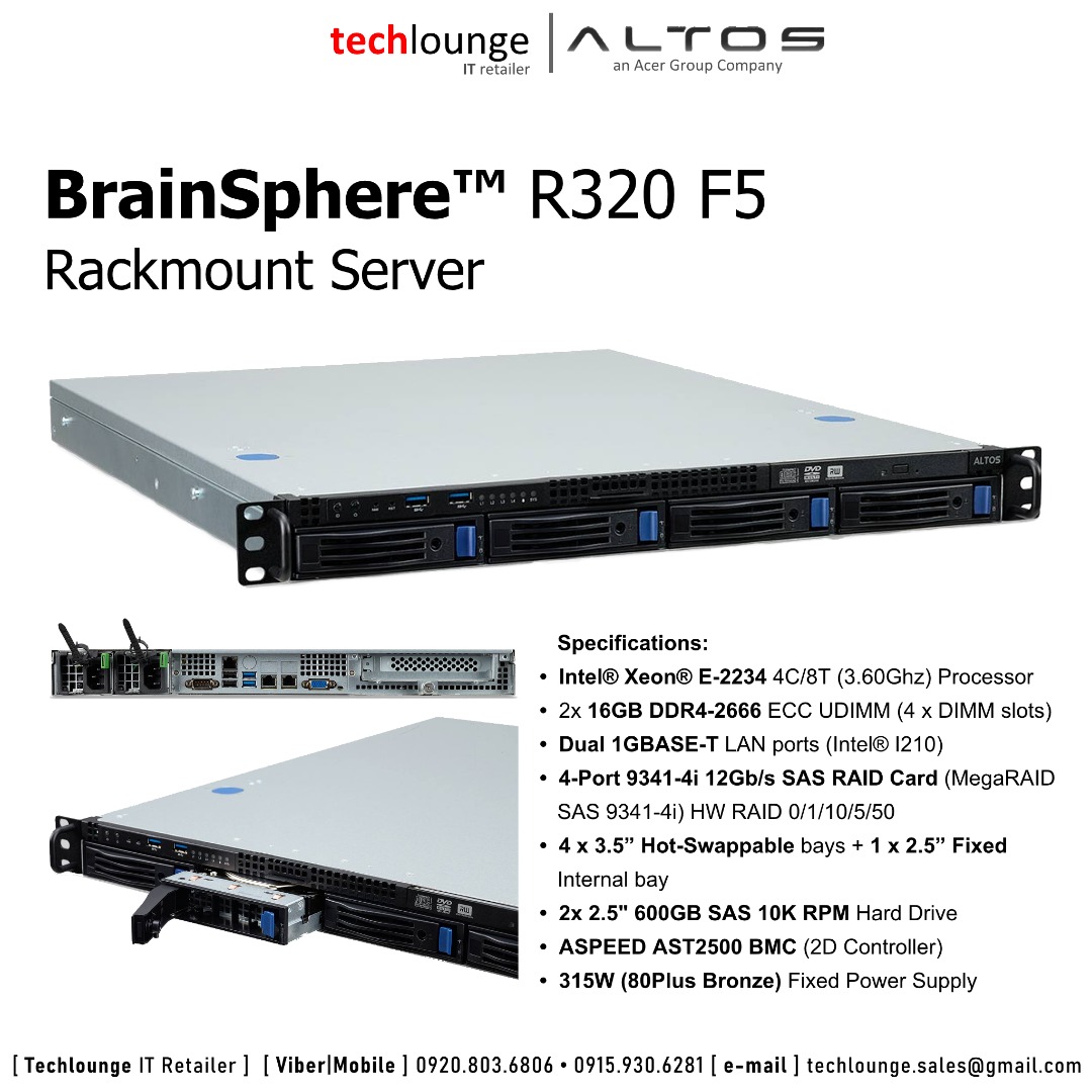 ACER ALTOS BRAINSPHERE R320 F5-Intel Xeon E-2234G, 32GB, 600GB SAS ...