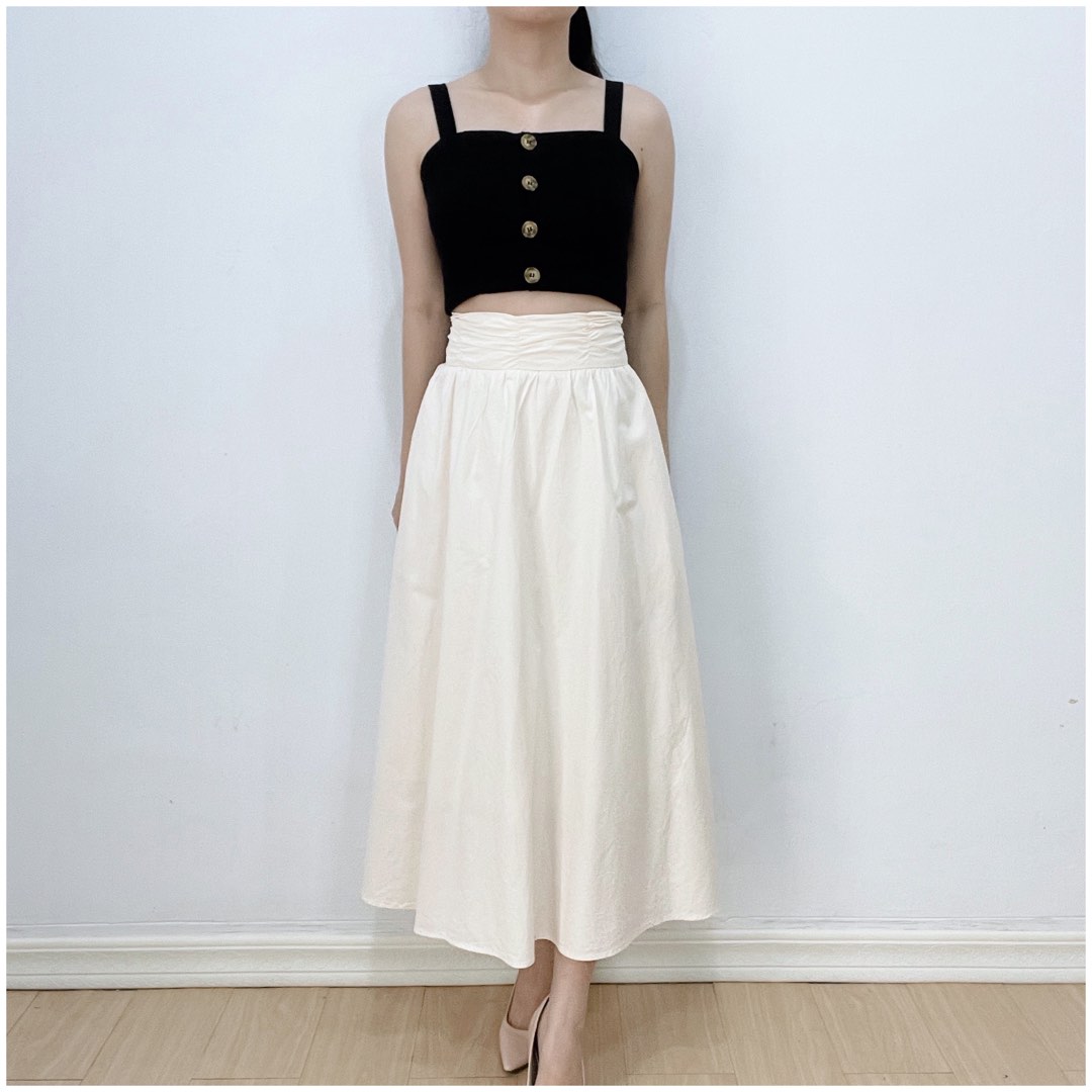 Broken White Ruched Waist Long Maxi Flare Skirt Korean Rok Panjang ...