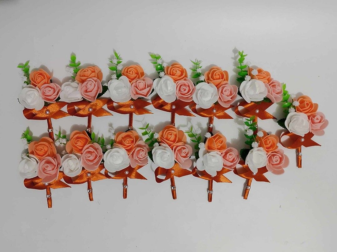 Flower Boutonniere Chest Corsage w/ Pin Rose Ribbon for Wedding Groom Groomsmen Ninong, Ninang ...