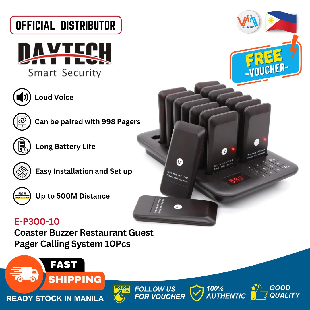 DAYTECH E-P300 10-Piece Set Coaster Buzzer Restaurant Guest Pager Calling System 500m Long Range ...