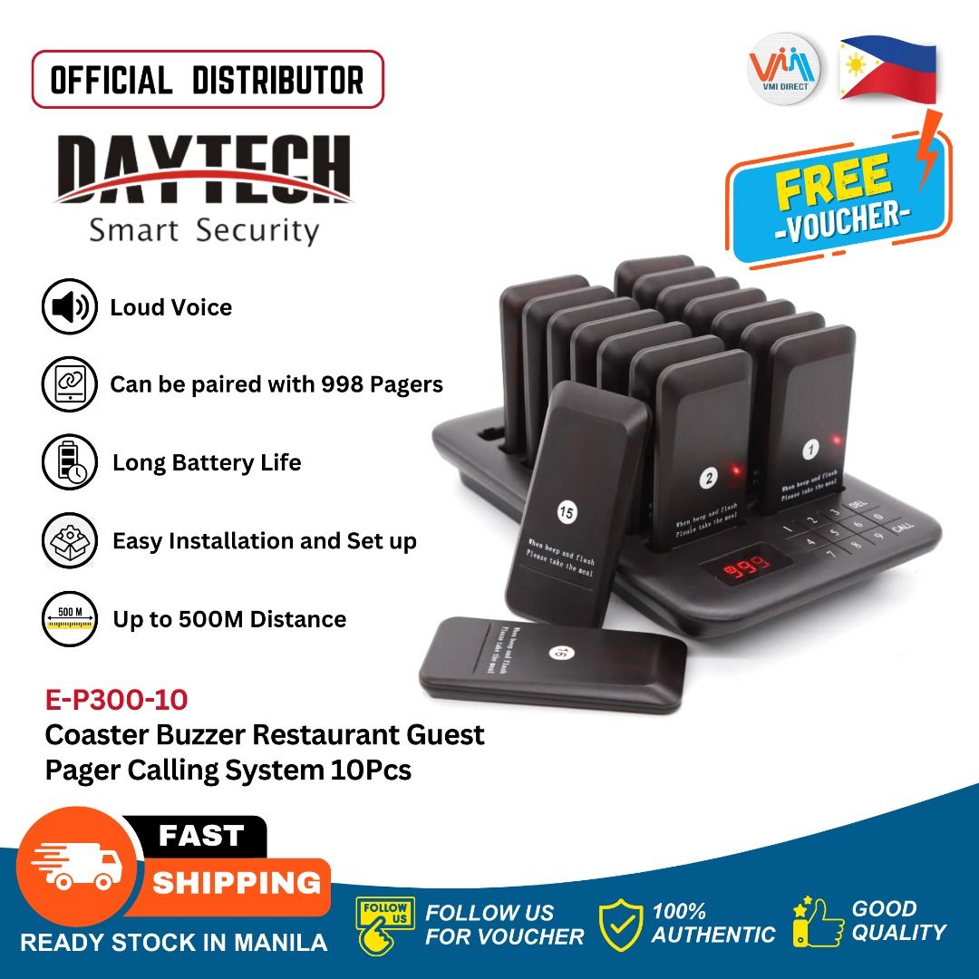 DAYTECH E-P300 10-Piece Set Coaster Buzzer Restaurant Guest Pager Calling System 500m Long Range ...