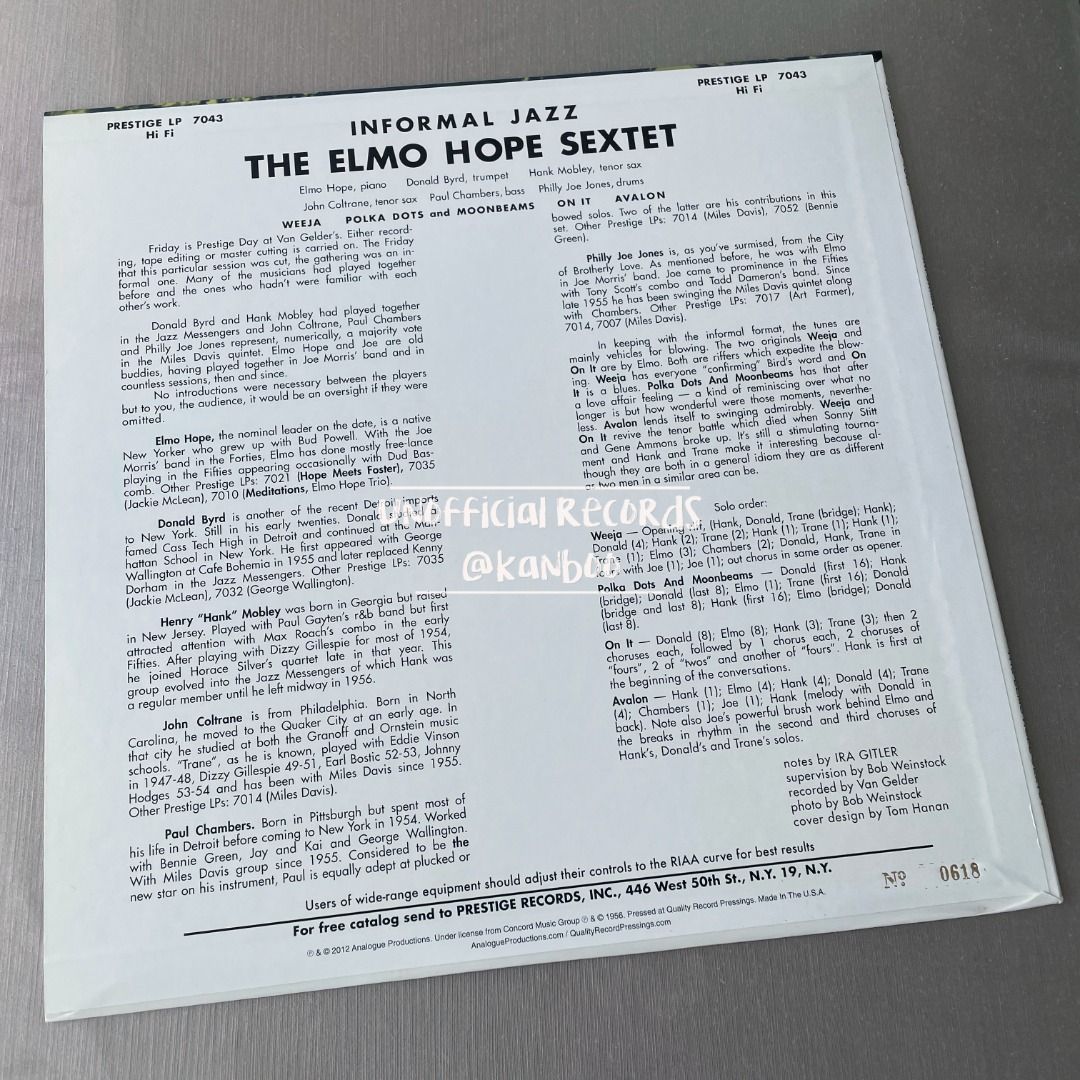 《Informal Jazz》Elmo Hope Sextet 【限量版】2012 - US - LP 黑膠唱片 【NM】【美品】【Jazz】, 興趣及遊戲, 音樂、樂器 & 配件, 音樂與 ...