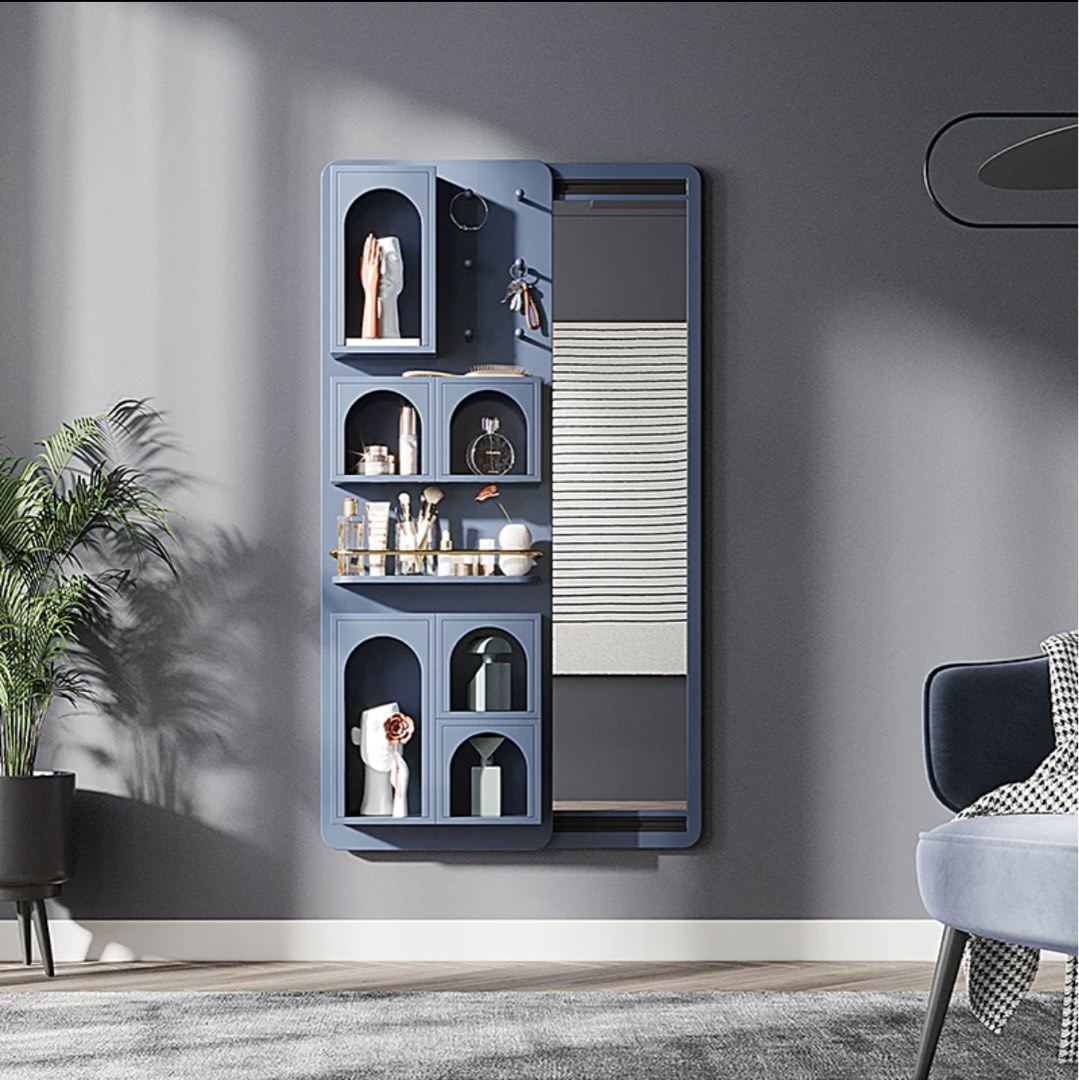 Nordic-style wall mounted display shelf with hidden mirror & LED light ...
