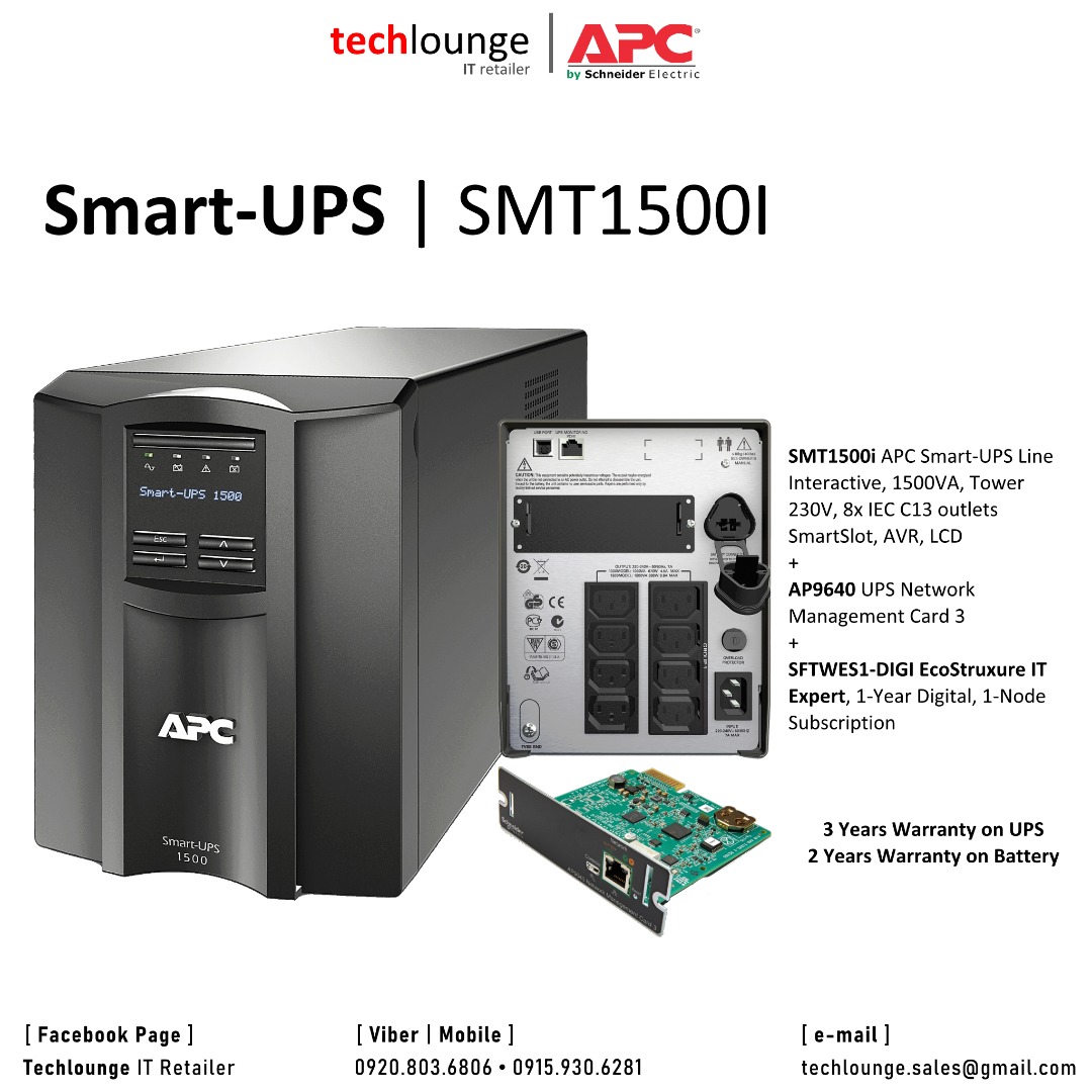 APC Smart-UPS SMT1500i - Line Interactive, 1500VA, Tower, 230V, 8x IEC C13 outlets, SmartSlot ...