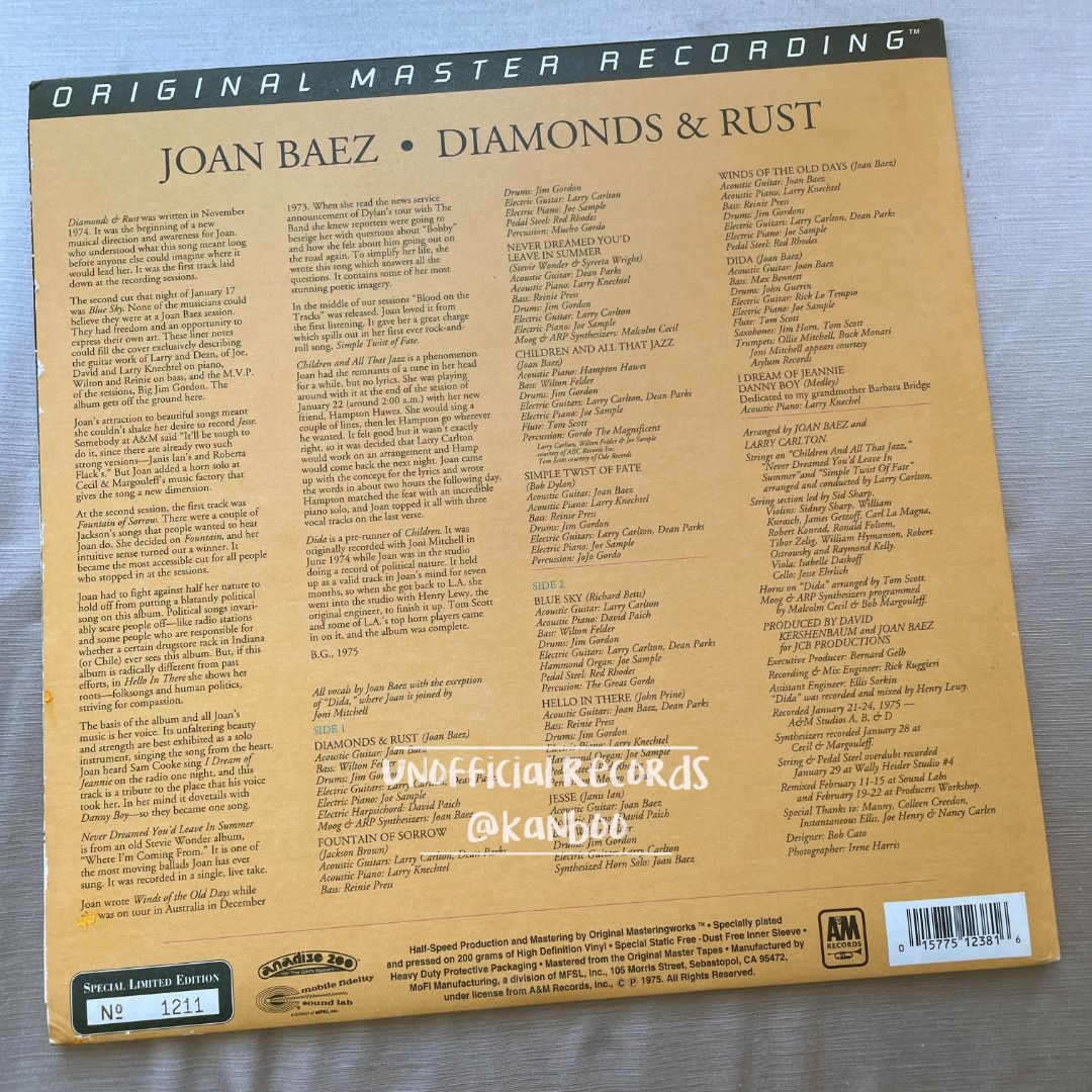 《Diamonds And Rust》Joan Baez - MFSL 1-238 【限量編號版】1995 US 黑膠唱片 (近乎全新 ...