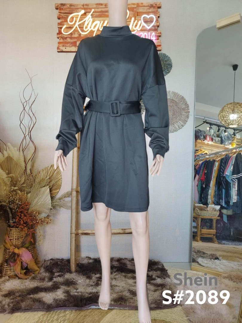 KYU S#2089 Black High Neck Long Sleeves Midi Belted Dress L, Women's Fashion, Dresses & Sets ...