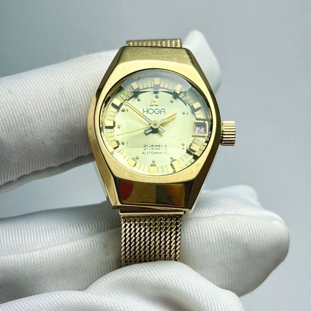 全新 絕美 HOGA 瑞士 SWISS 自動錶 早期老錶 古董錶 仕女錶 手錶 金色 復古 簡約 Vintage 古著, 她的時尚, 手錶及 ...