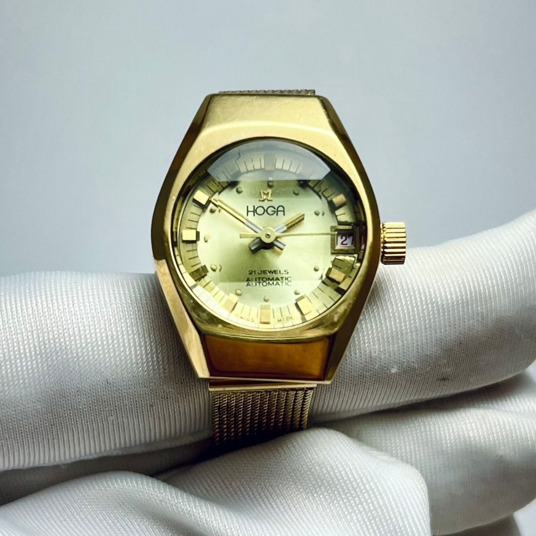 全新 絕美 HOGA 瑞士 SWISS 自動錶 早期老錶 古董錶 仕女錶 手錶 金色 復古 簡約 Vintage 古著, 她的時尚, 手錶及 ...