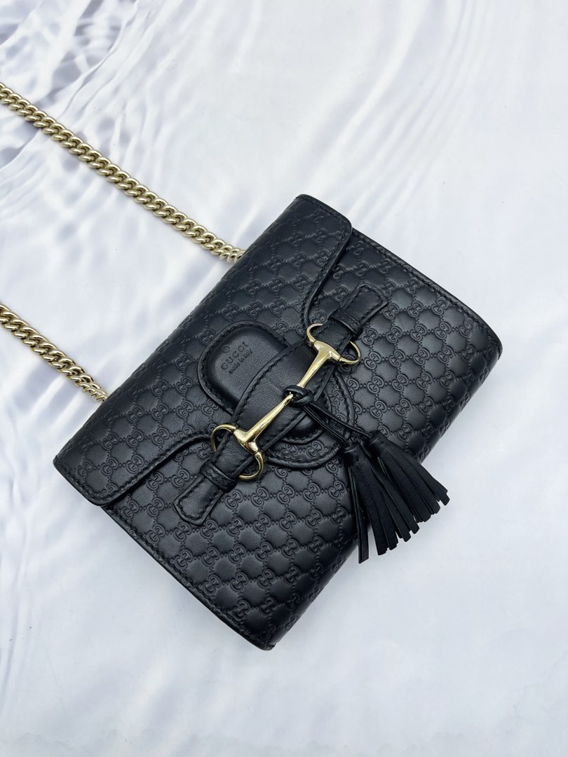 GUCCI EMILY CHAIN MINI CROSSBODY BAG IN BLACK GG GUCCISSIMA EMBOSSED ...