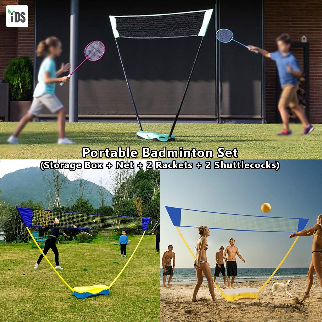 [iDS] Portable Badminton Set with Storage Box, Net, 2 Telescopic Rods ...