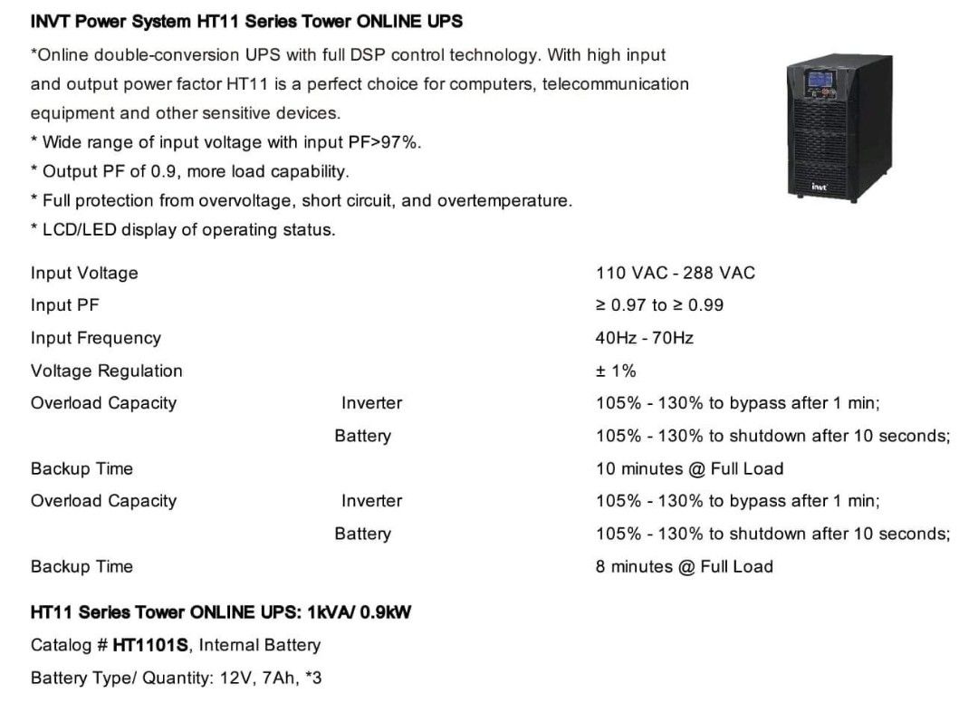 INVT Power System HT11 Series Tower Online UPS, Computers & Tech, Parts ...