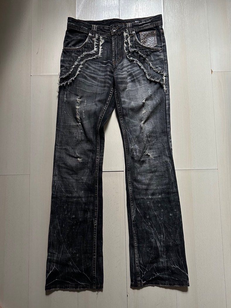 Semantic Design Snakeskin Distressed Paint Splattered Bootcut Jeans ...