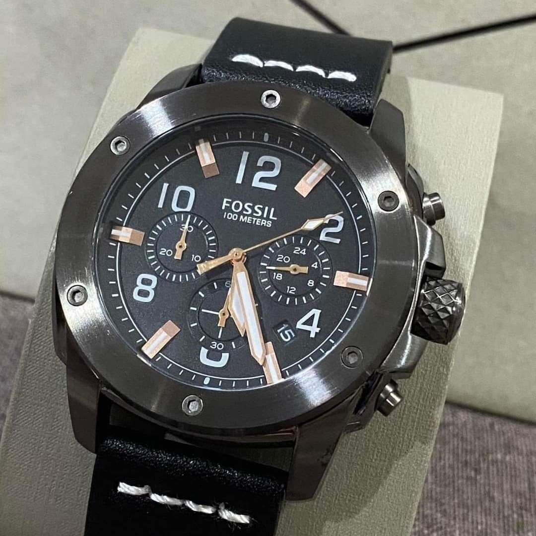 FOSSIL Modern Machine Chronograph Grey Dial Black Leather Men's Watch ...