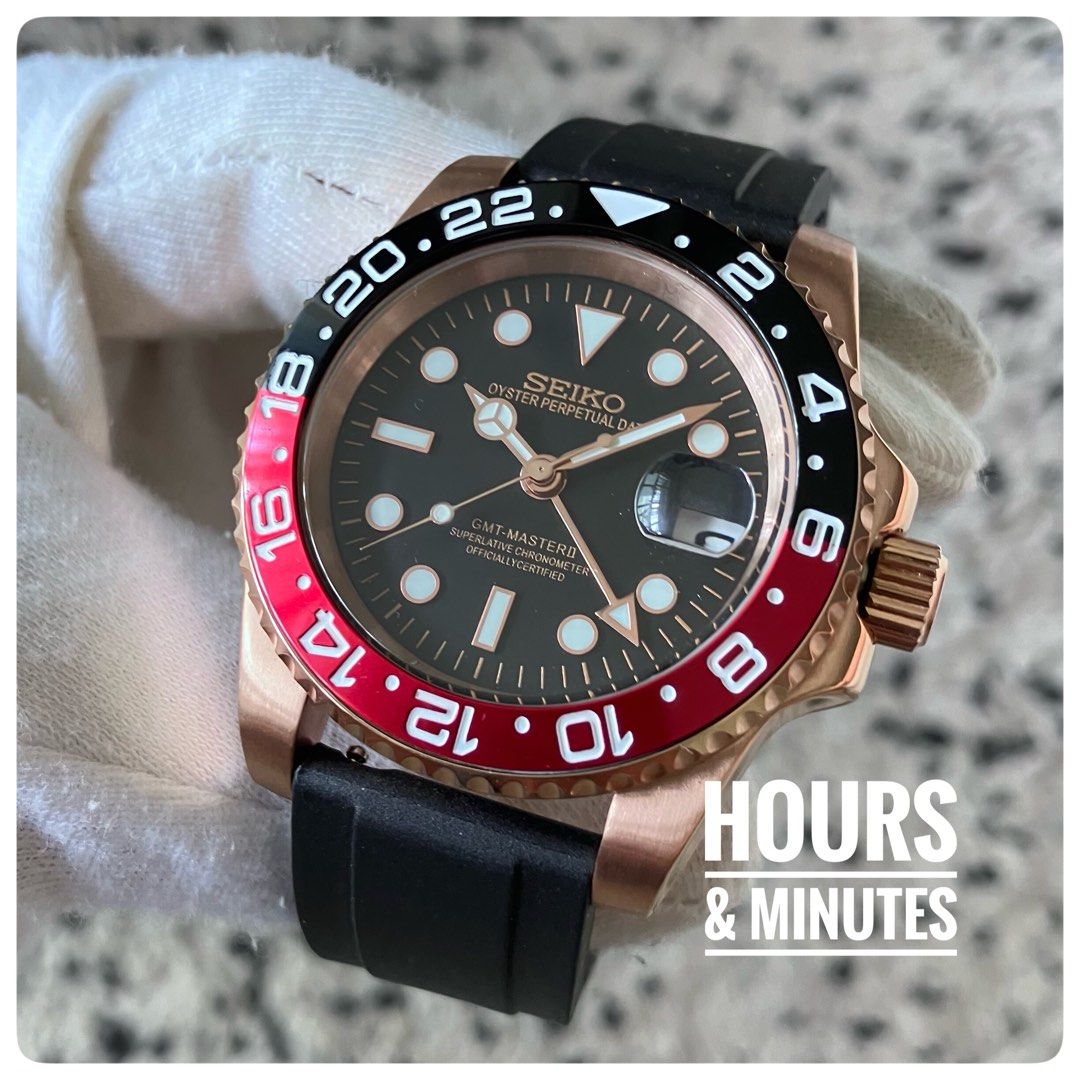 Rose Gold GMT Black Red “Coke” automatic watch - Seiko mod, Men's ...