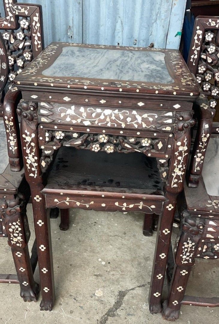 ANTIQUE PERANAKAN BLACKWOOD MOP TABLE AND CHAIRS SET STRAITS CHINESE ...