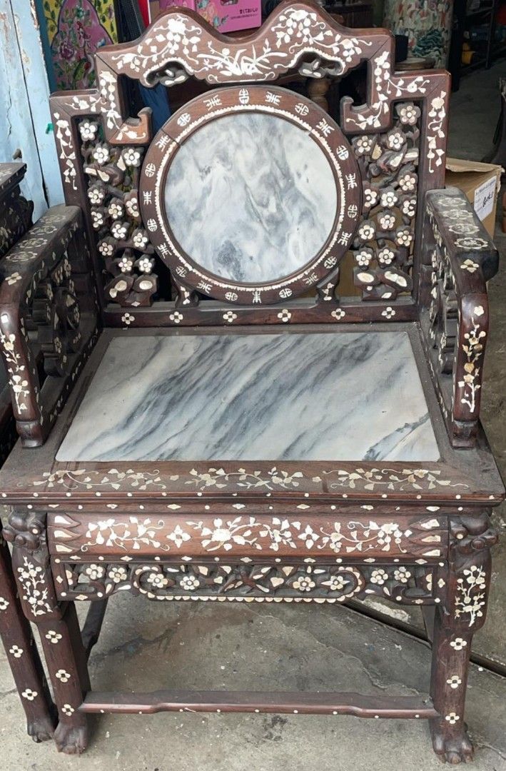 ANTIQUE PERANAKAN BLACKWOOD MOP TABLE AND CHAIRS SET STRAITS CHINESE ...