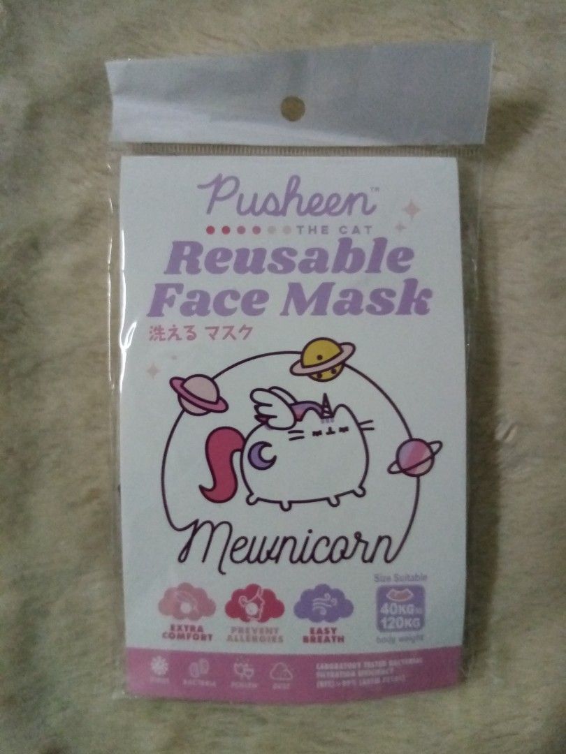 Pusheen Reusable face mask black Limited edition, Health & Nutrition ...