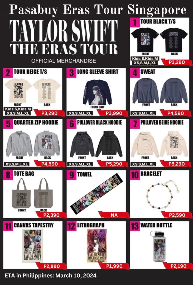 Taylor Swift Eras Tour Official Merchandise Singapore Pasabuy, Hobbies ...
