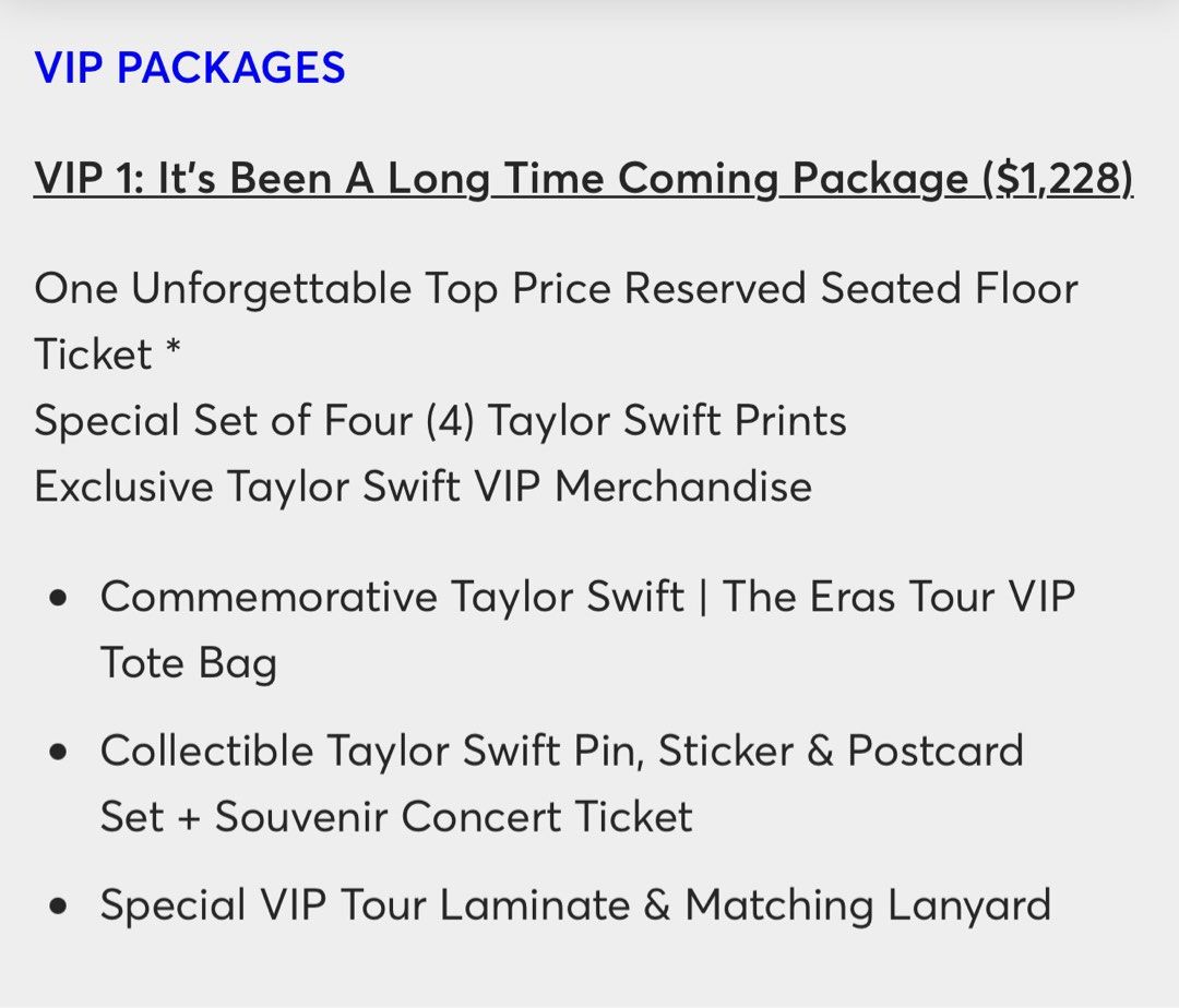 Taylor Swift The Eras Tour VIP 1 Package, Hobbies & Toys, Memorabilia ...