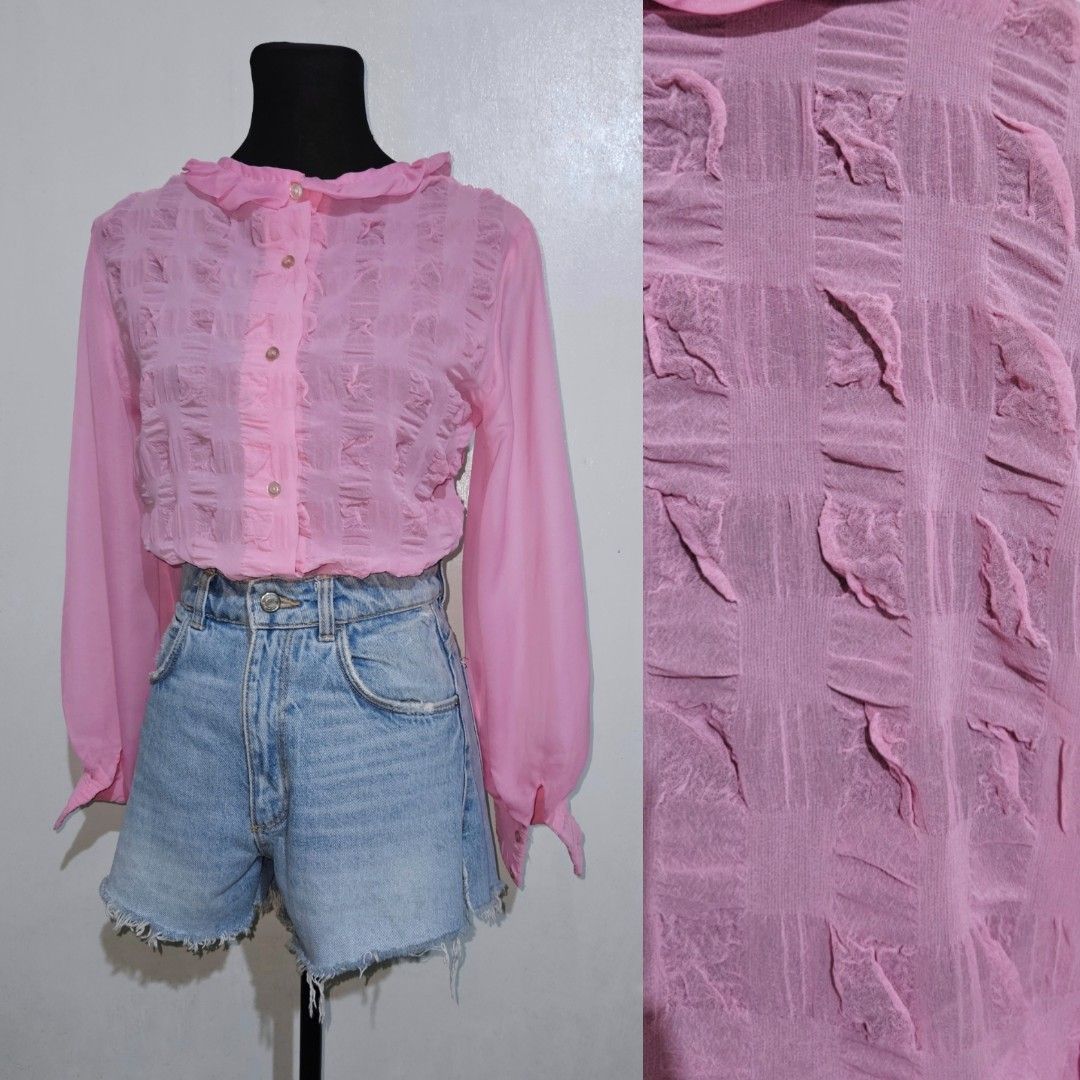 bubblegum pink long sleeve blouse pastel barbie pink kawaii cute unique textured buttondown dun ...