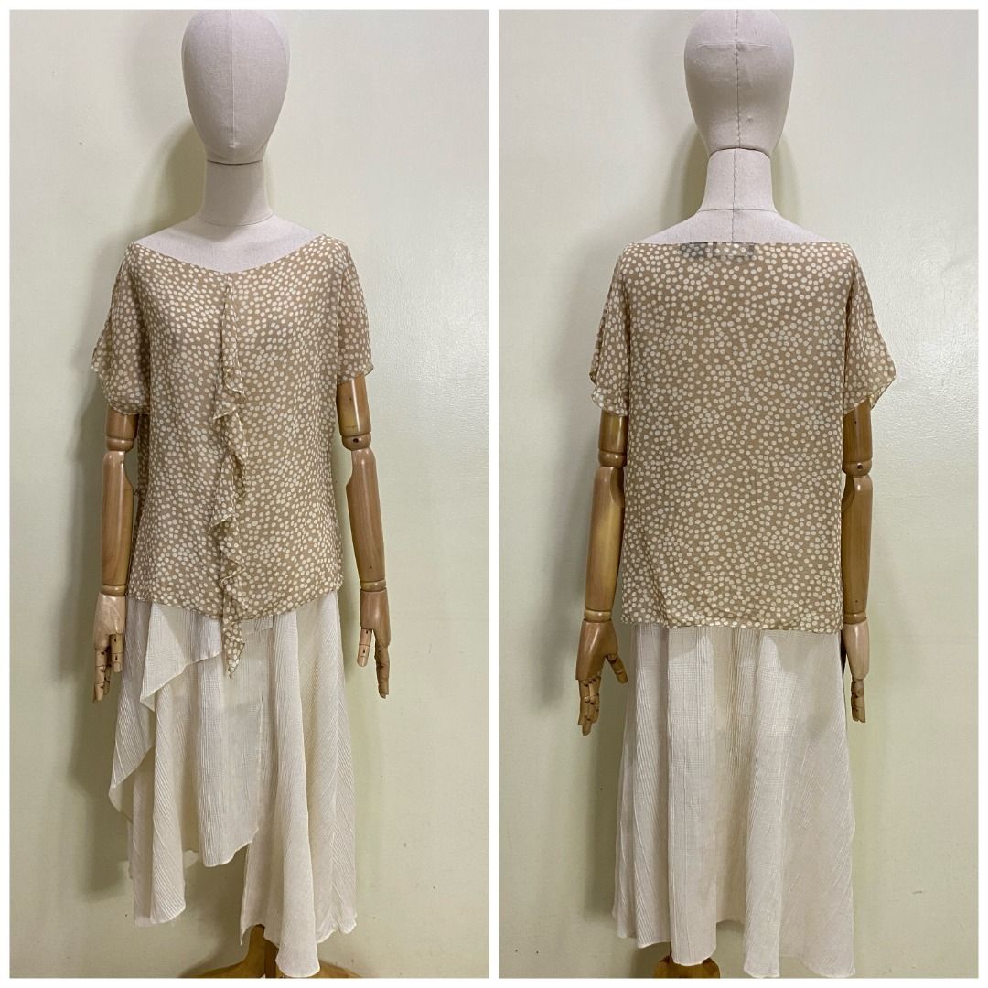 C43 - Dana Buchman Sheer Beige Silk Polkadots Blouse with Draping ...