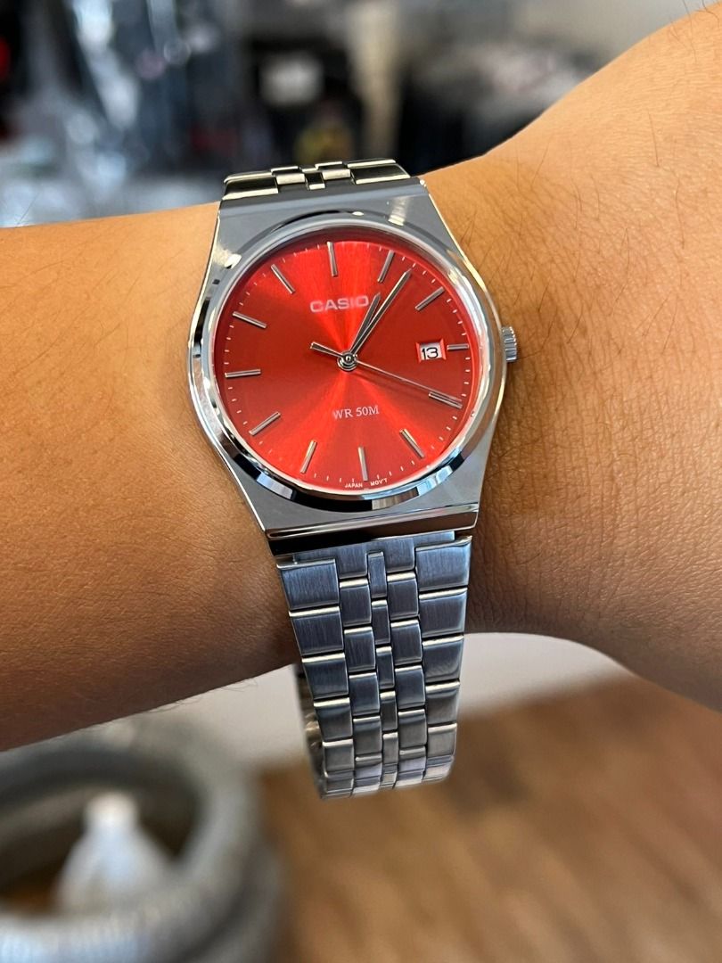 ORIGINAL CASIO Analog Red Dial Stainless Steel Watch MTP-B145D-4A2V ...