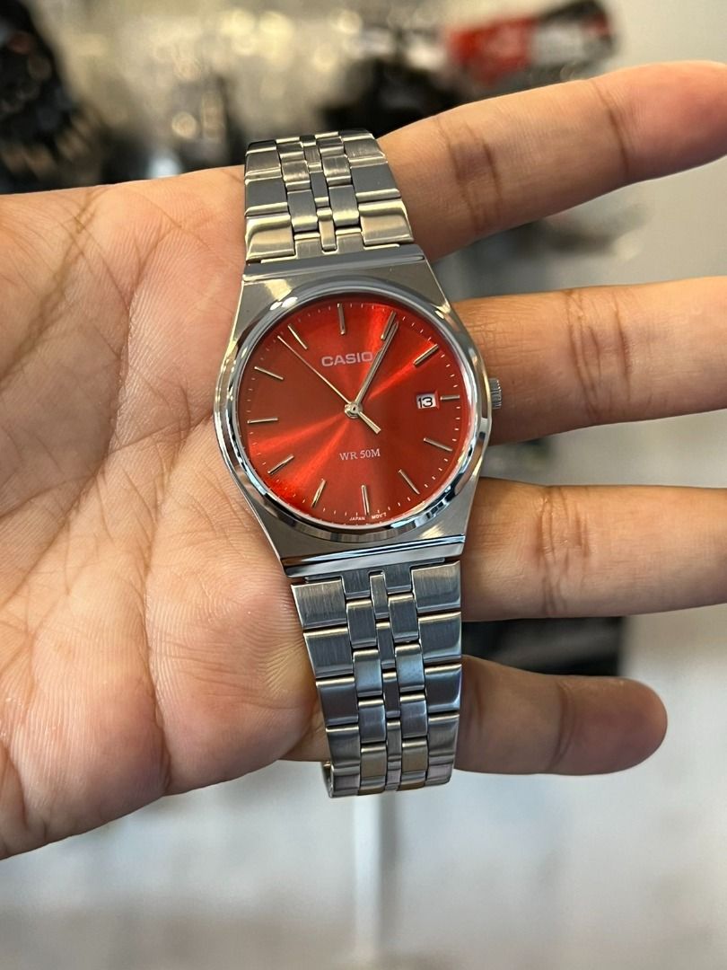 ORIGINAL CASIO Analog Red Dial Stainless Steel Watch MTP-B145D-4A2V ...