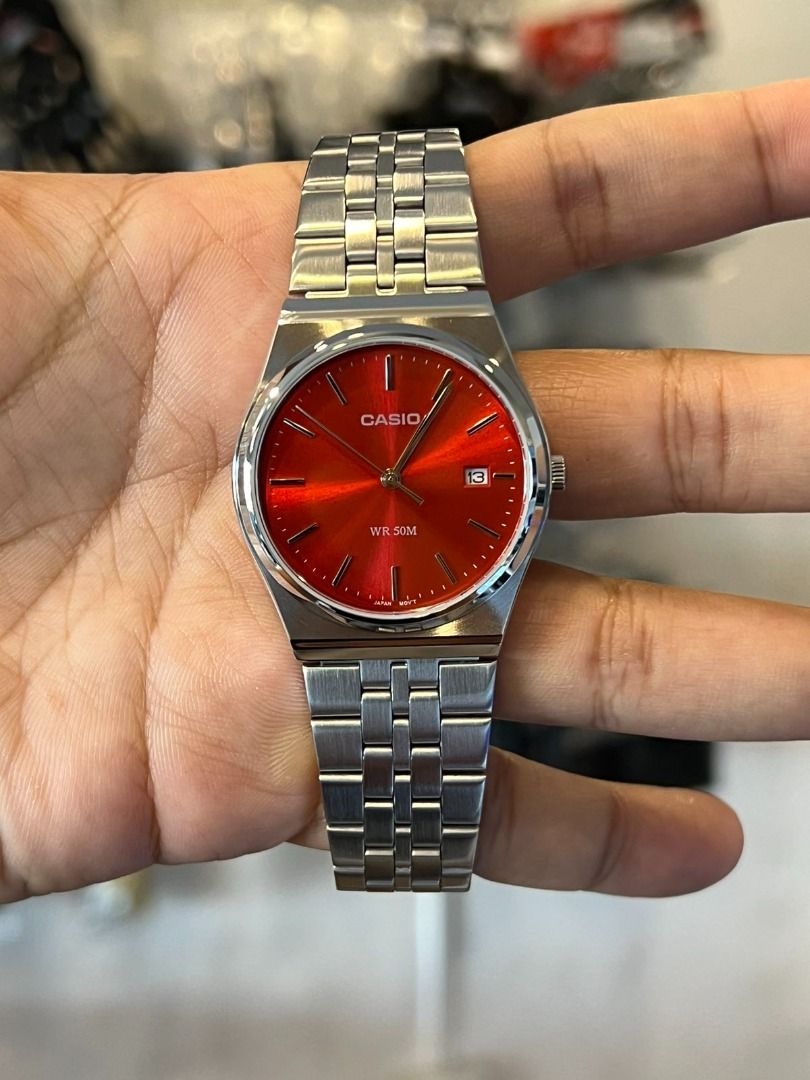 ORIGINAL CASIO Analog Red Dial Stainless Steel Watch MTP-B145D-4A2V ...