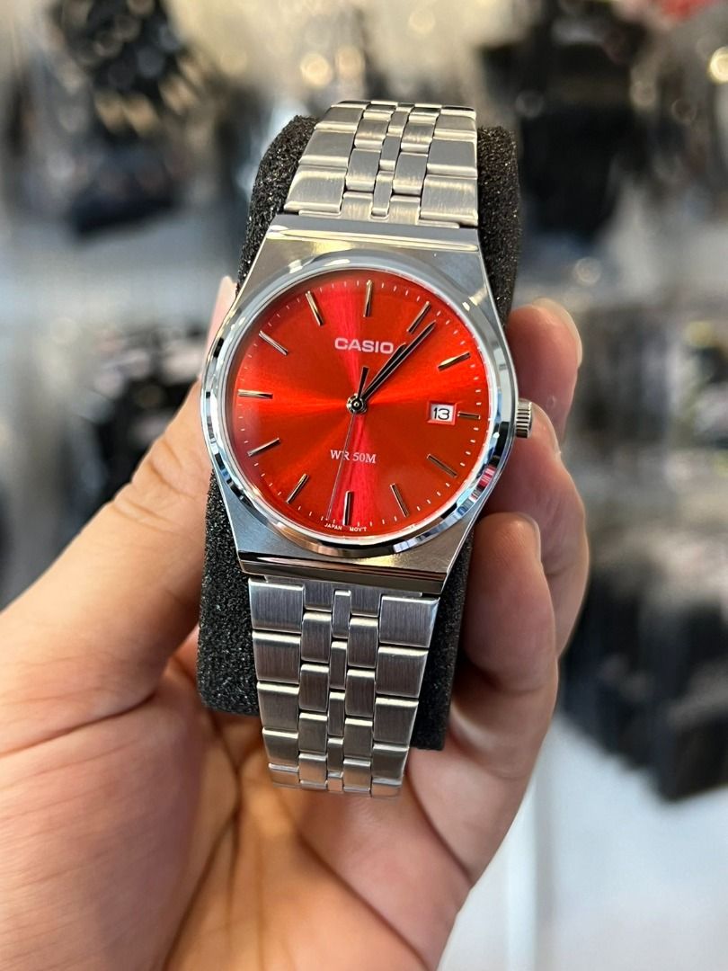 ORIGINAL CASIO Analog Red Dial Stainless Steel Watch MTP-B145D-4A2V ...